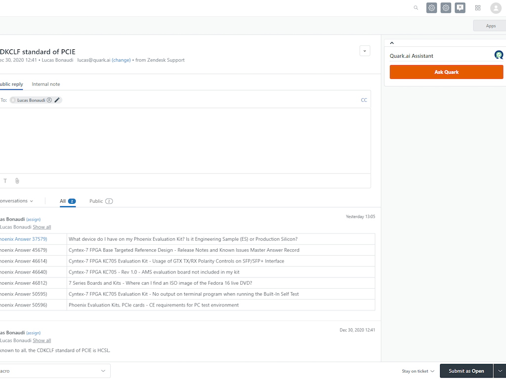 Quark.ai Assistant App Integration with Zendesk Support